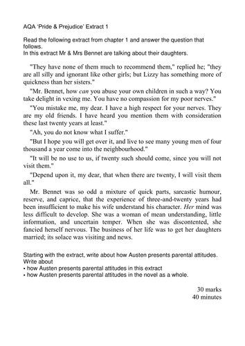 AQA 'Pride and Prejudice' 13 extract questions on themes in the novel ... AQA 'Pride and Prejudice' 13 extract questions on themes in the novel ...