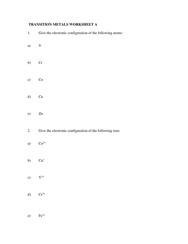 TRANSITION METALS WORKSHEET WITH ANSWERS | Teaching Resources