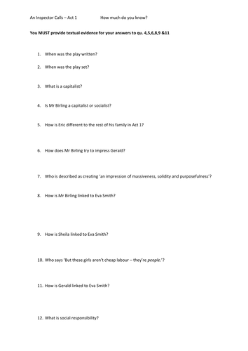 Quick question test on knowledge of An Inspector Calls | Teaching Resources