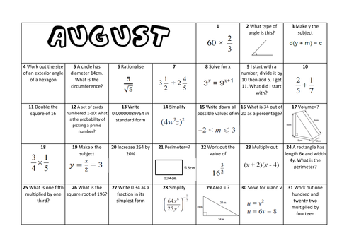 Question a Day Calendar Maths - August KS3/4 | Teaching Resources