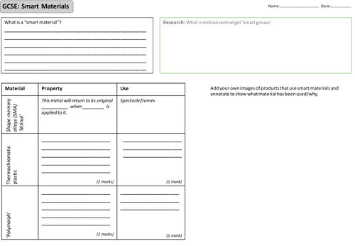 Smart Material Worksheet | Teaching Resources