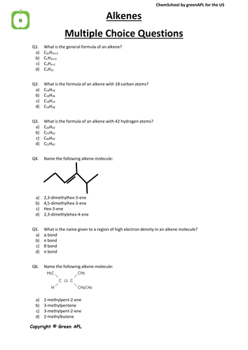 Assessment: Alkenes Multiple Choice Chemistry Questions | Teaching ...