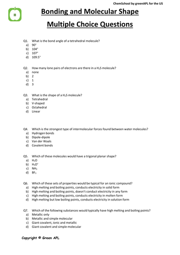 Assessment: Bonding and Molecular Shape Multiple Choice Chemistry ...