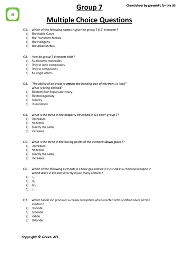 Assessment: Group 7 Multiple Choice Chemistry Questions | Teaching ...