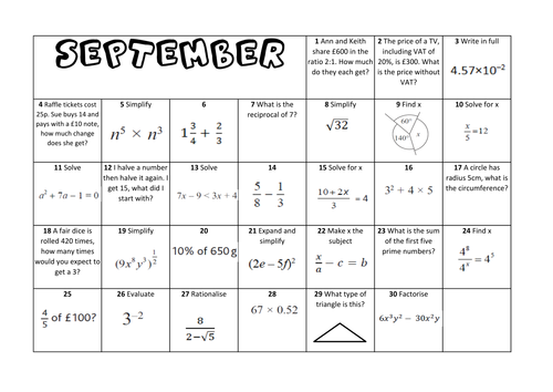 Question a Day Calendar Maths - September KS3/4 | Teaching Resources
