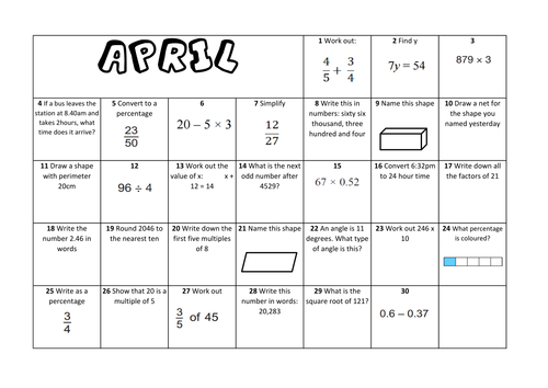 Question a Day Calendar (Maths) - April KS2 by laurajanetutoring ...
