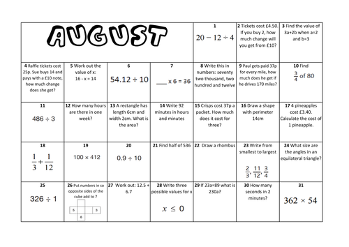 Question a Day Calendar (Maths) - August KS2 | Teaching Resources