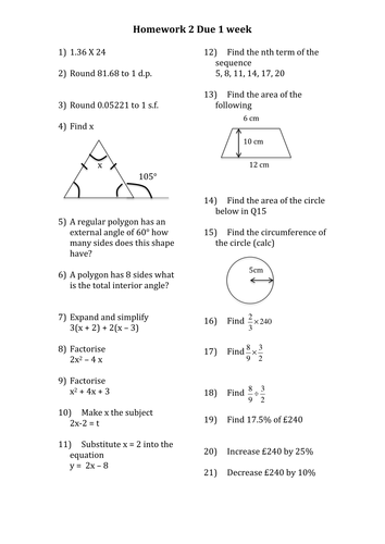 Mathematics GCSE D/C Homework 2 | Teaching Resources