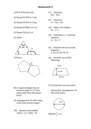 Mathematics Homework 5 | Teaching Resources