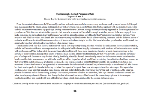 The Namesake by Jhumpa Lahiri, Chapters 8 and 9, Writing Assessment ...