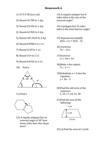 Mathematics Homework 6 | Teaching Resources