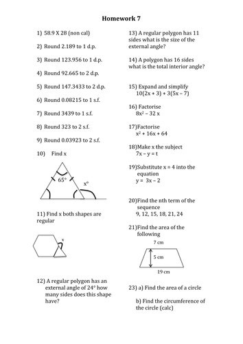 Mathematics GCSE D/C Homework 7 | Teaching Resources