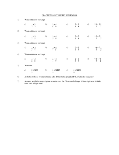 Fractions Arithmetic Review Homework | Teaching Resources