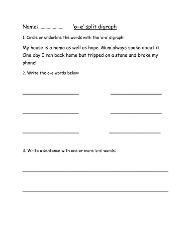 'o-e' Split Digraph Phoneme Spotter Worksheet by megaalex66 - Teaching ...