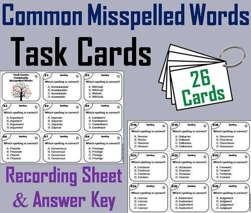 Commonly Misspelled Words Task Cards | Teaching Resources