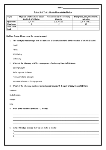 Aqa Gcse Pe 1 9 2016 Spec End Of Unit Tests Teaching Resources