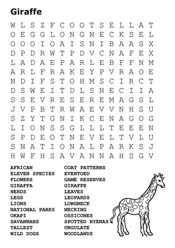 Giraffe Word Search by sfy773 | Teaching Resources