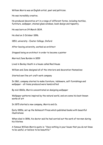 Information to support writing of fact sheet on William Morris ...