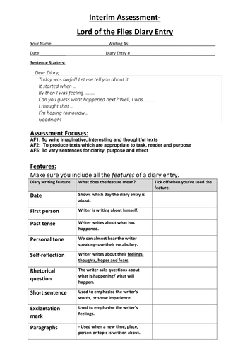 'Lord of The Flies' Diary Entry Assessment | Teaching Resources