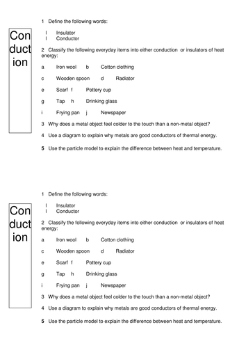 Conduction worksheet | Teaching Resources