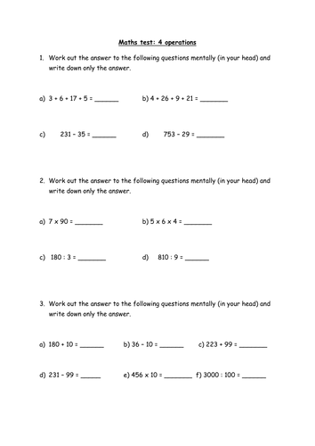 Four operations maths test | Teaching Resources Four operations maths test | Teaching Resources