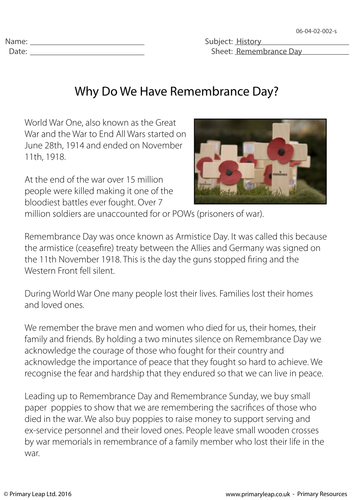 Reading Comprehension - Why Do We Have Remembrance Day? | Teaching ...