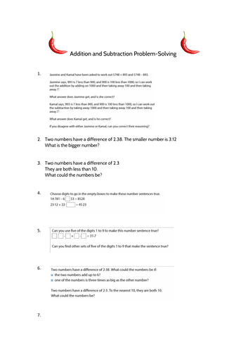 Mastery Addition Subtraction Problem Solving Teaching Resources