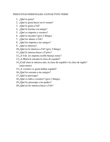 gustar verbs questions | Teaching Resources