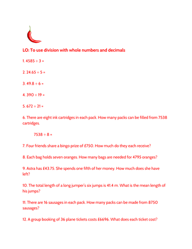 Differentiated Division Problems: Whole numbers and decimals | Teaching ...
