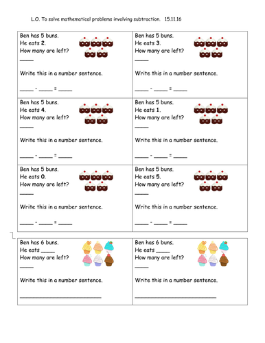 subtracting from 5 word problems with pictorial support | Teaching ...
