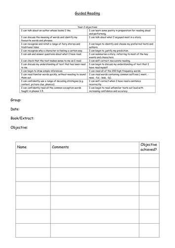 Y2 guided reading recording sheet with objectives | Teaching Resources