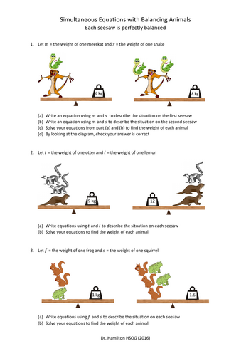 Simultaneous Equations with Balancing Animals | Teaching Resources