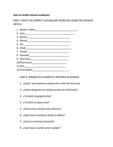Health vocab quiz | Teaching Resources