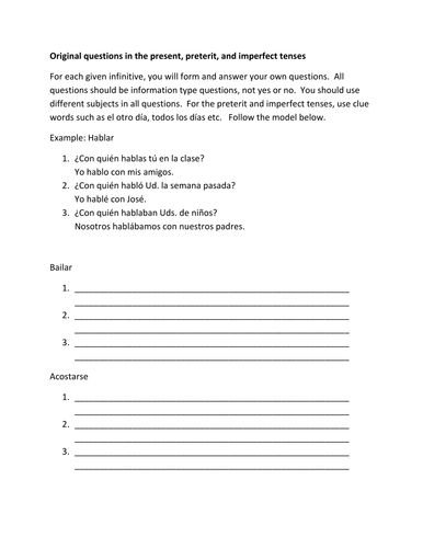 original questions present preterit imperfect tenses | Teaching Resources