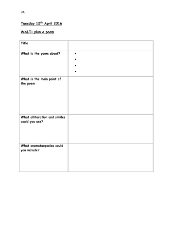 Poetry planning sheets - Differentiated - Literacy. by chrisball92 ...