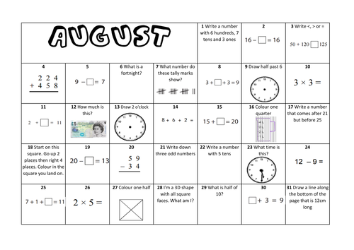 Question a Day Calendar (Maths) - August KS1 | Teaching Resources