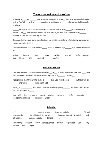 The origins and meaning of sin differentiated worksheet | Teaching ...