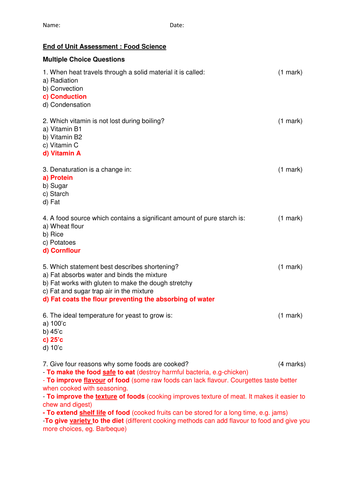 AQA Food Preparation and Nutrition: Food Science : End of Unit ...