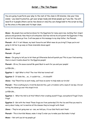 Ten Plagues and Moses script for students | Teaching Resources