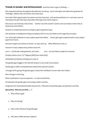 Gender and Educational Achievement Sociology AS | Teaching Resources