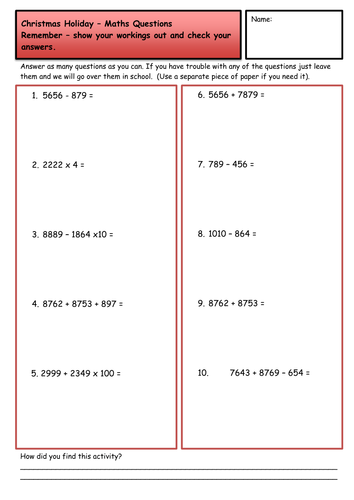 Christmas Maths Homework | Teaching Resources