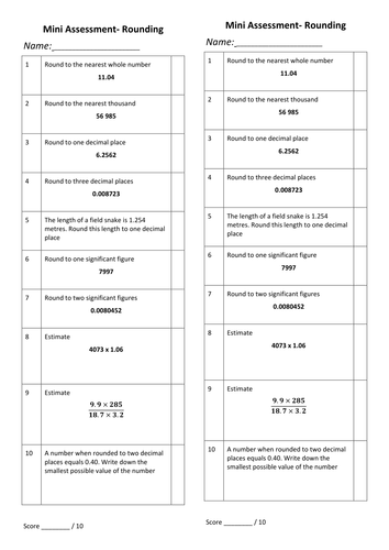 Mini Assessment Rounding | Teaching Resources