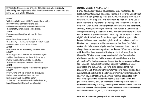 Romeo and Juliet: Grade 9 model paragraph (attempt) to an AQA question ...