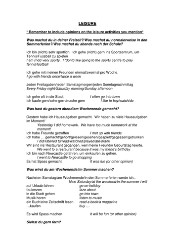 GCSE German Speaking Preparation - Leisure | Teaching Resources