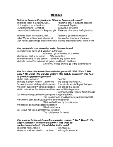 GCSE German Speaking Preparation - Holidays | Teaching Resources