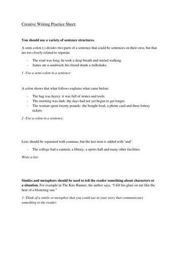Practice sheet for GCSE low ability - to help with imaginative writing ...