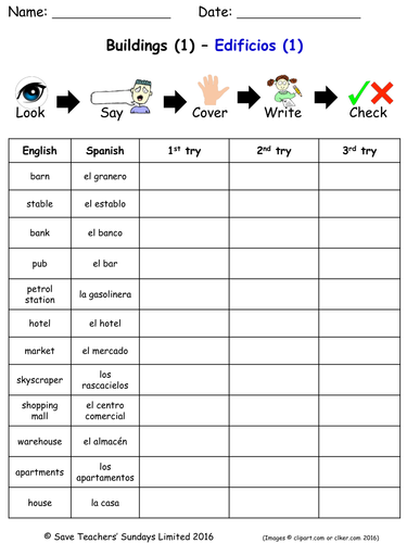Buildings and Structures in Spanish Spelling Worksheets (5 worksheets ...