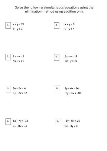 Simultaneous Equations by the Elimination Method addition only ...