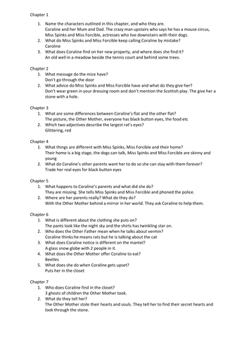 Coraline questions and answer by chapter for comprehension by tasha99 ...