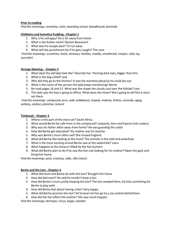 Butterfly Lion Michael Morpurgo comprehension questions by chapter ...